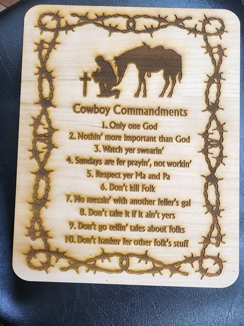 Cowboy Comandments Engraved Quarter Inch Cherry Plywood.. Ten ...