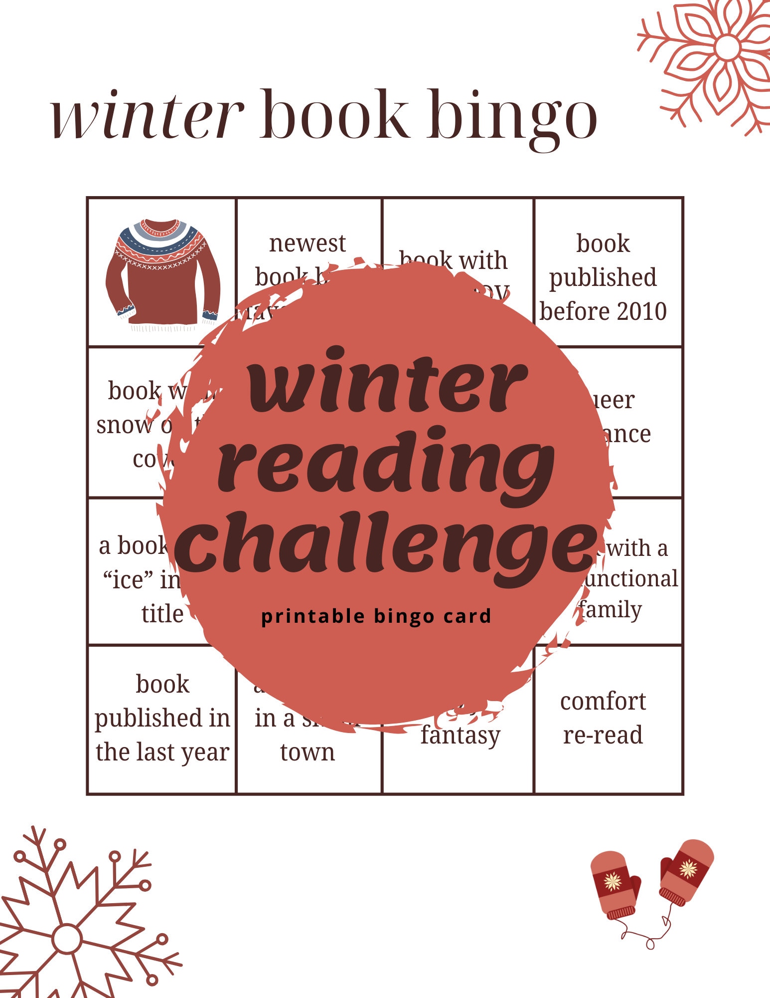 Winter Book Bingo Card Reading Challenge With Background and Without - Etsy
