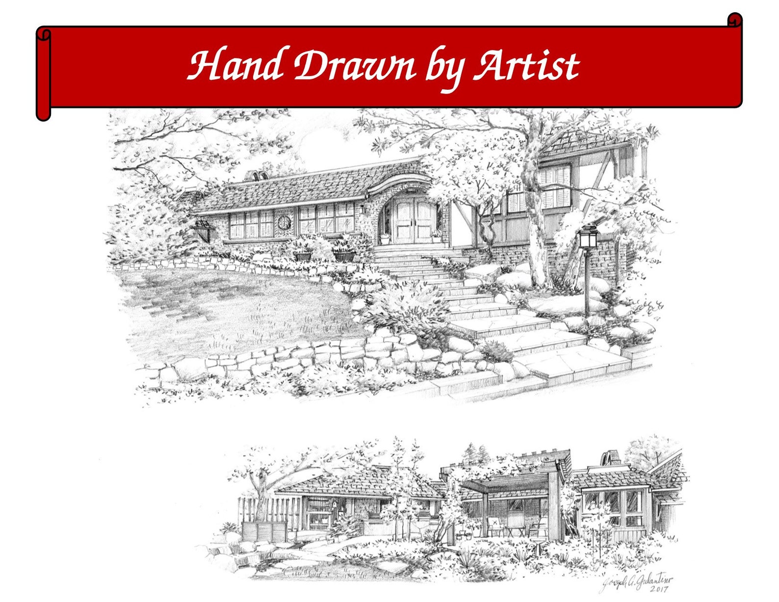 Custom Home Portrait, Montage , Graphite Pencil Hand Drawn, Original ...