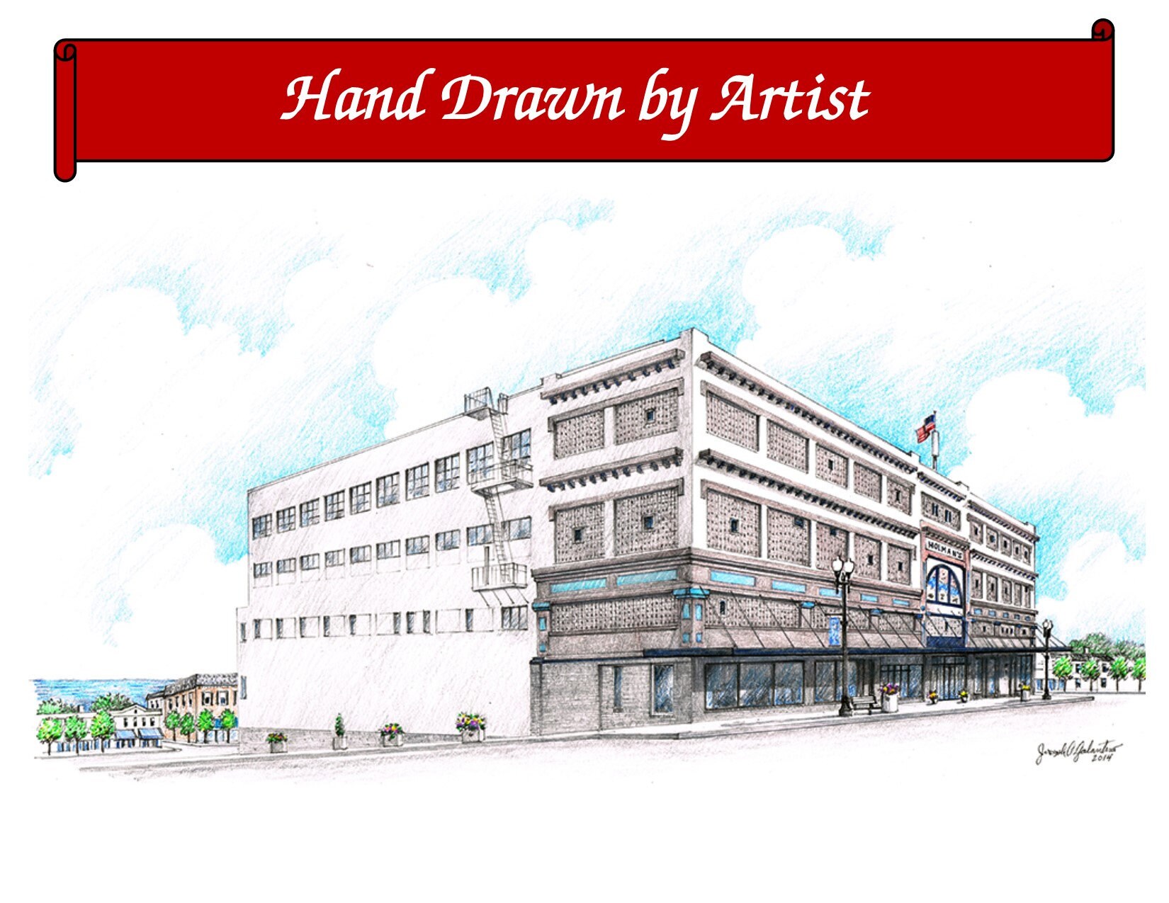 Custom Color Commercial Building Portrait, Business, Hand Drawn, House ...
