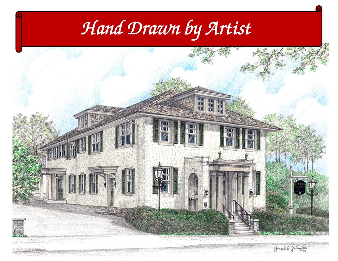 Custom Color Commercial Building Portrait, Business, Hand Drawn, House ...