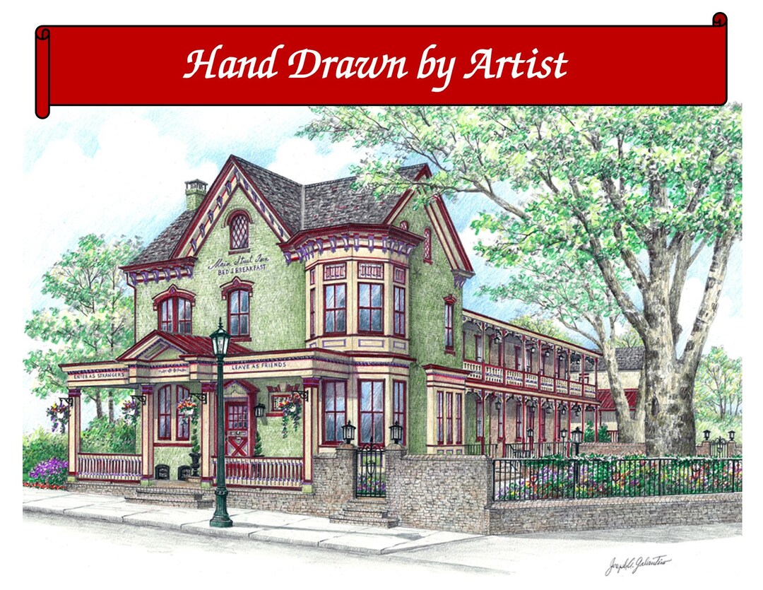 Custom Color Commercial Building Portrait, Business, Hand Drawn, House ...