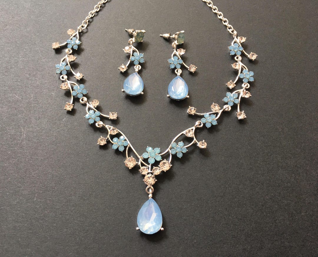 Ice Blue Necklace Set, Crystal Bridal Necklace, Silver Jewellery, Prom ...