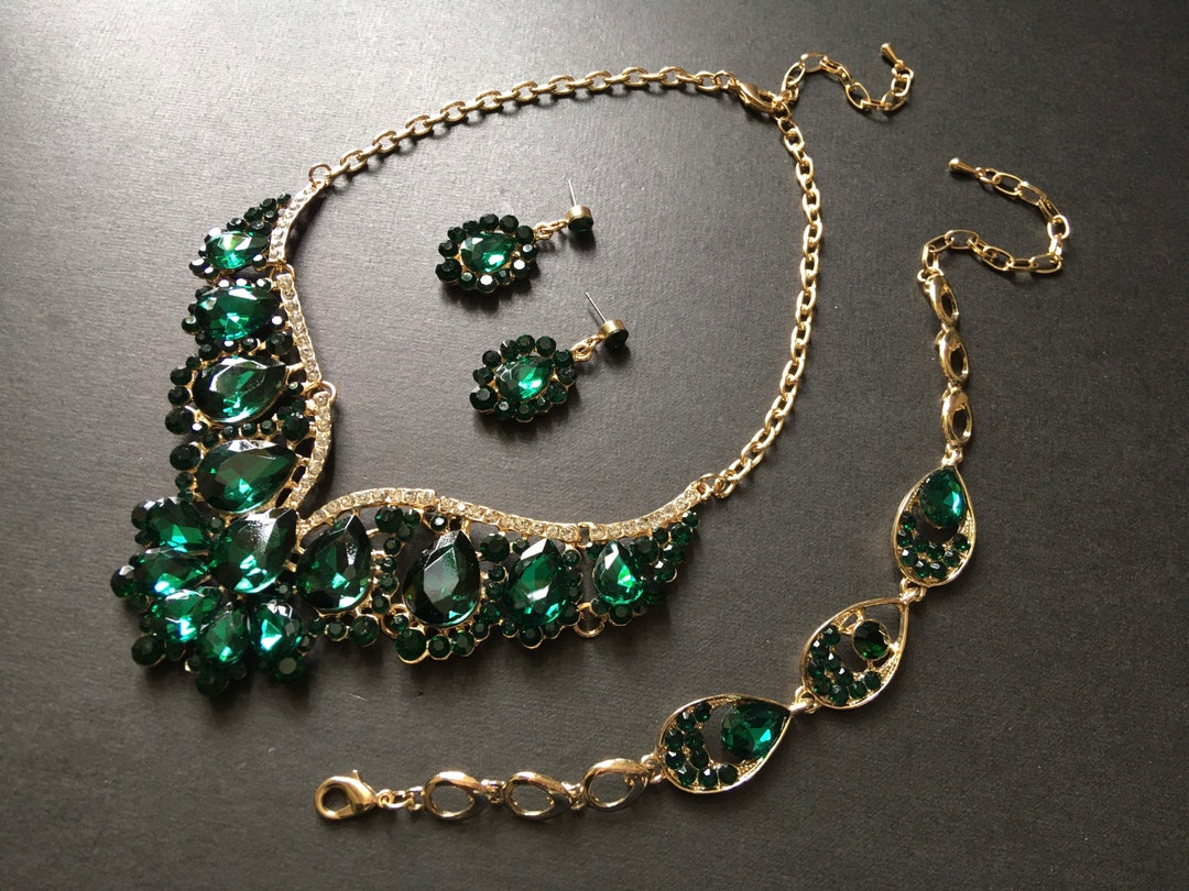 Emerald Green Earrings Necklace Set, Bridal Bracelet Earrings, Crystal ...