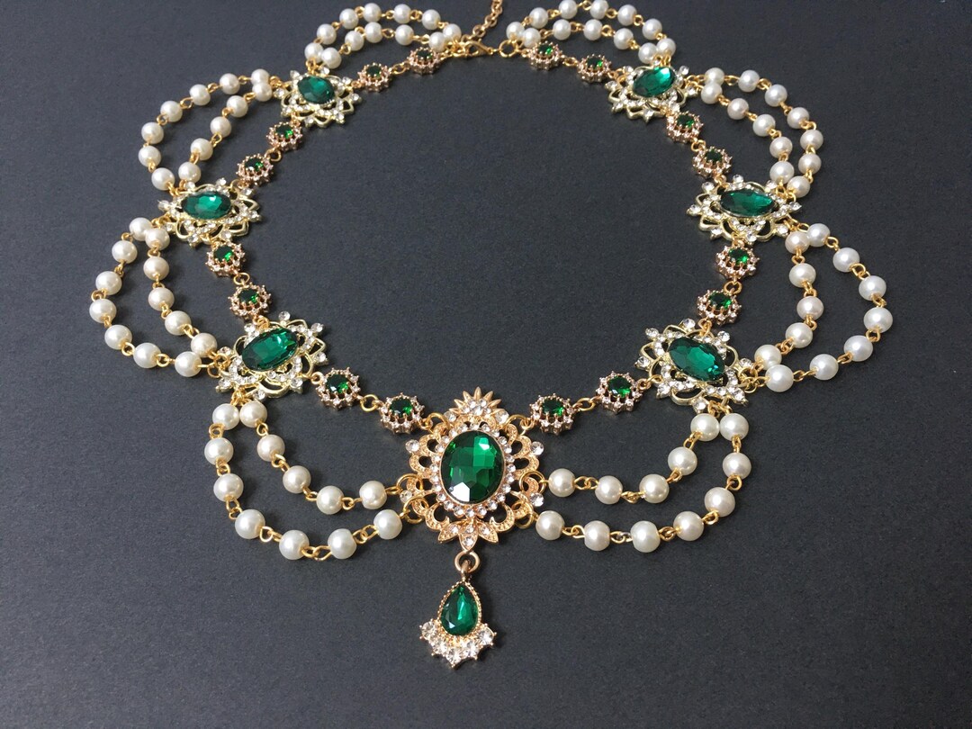 Emerald Pearl Necklace, Gold Crystal Jewelry, Luxury Jewellery Green ...