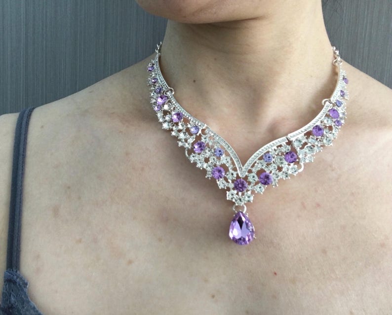 Amethyst Rhinestone Necklace and Earring Set, Wed Jewelry, Bridal ...