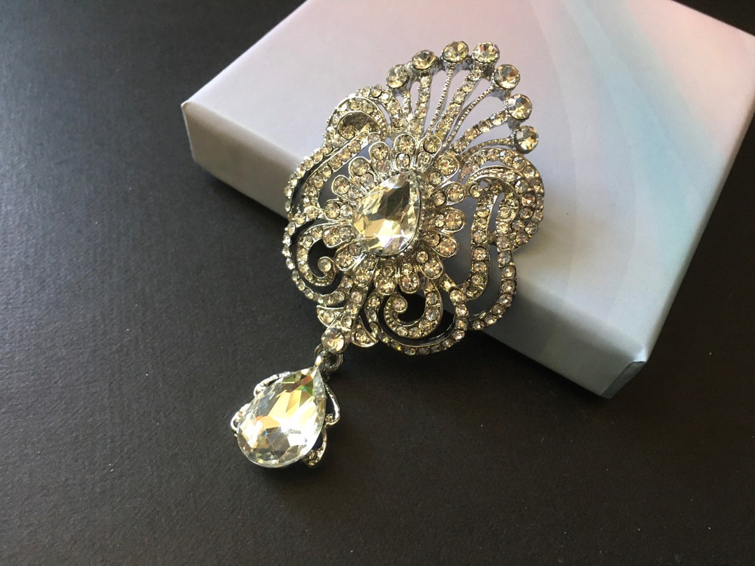 Art Deco Brooch, Tuxedo Brooch, Crystal Bridal Brooch, Silver Brooch ...