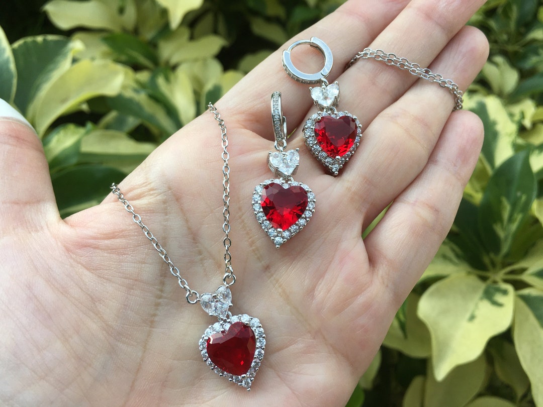 Ruby Heart Jewelry Set, Ruby Wedding Set, Red Crystal Bridal Necklace ...