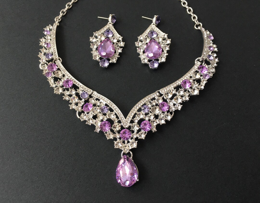 Amethyst Rhinestone Necklace and Earring Set, Wed Jewelry, Bridal ...