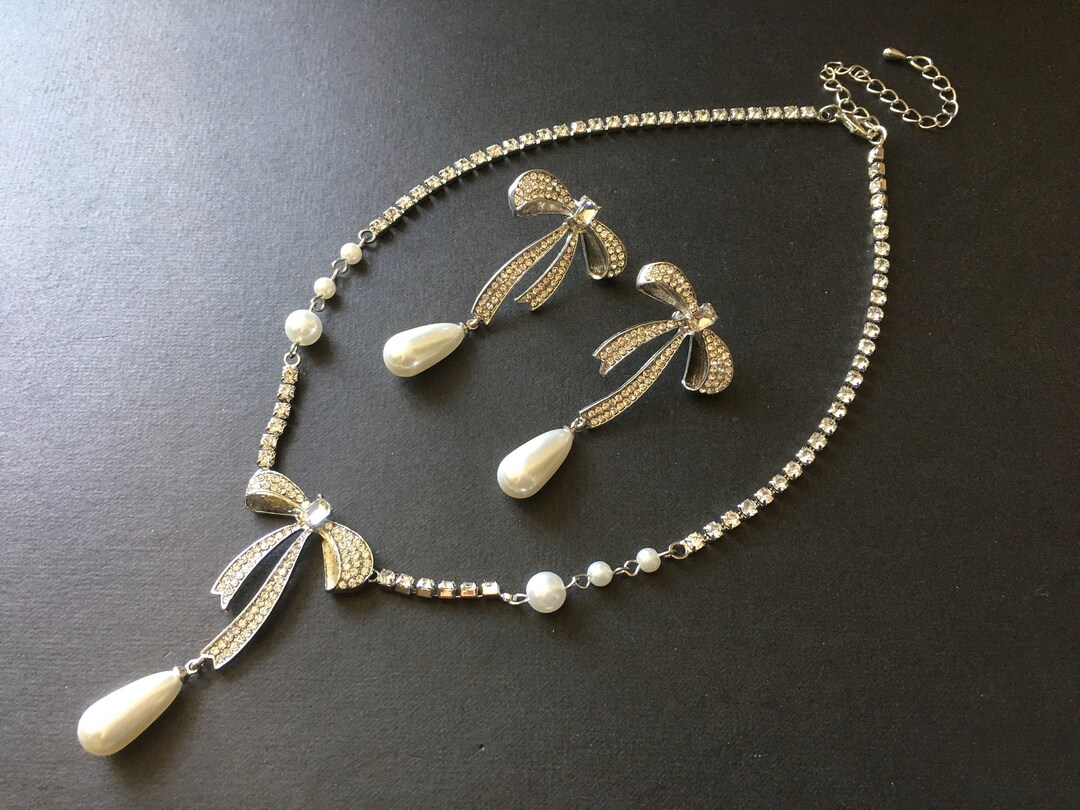 Romantic Jewelry Set, Dangle Pearl Necklace Set, Wedding Jewelry Set ...