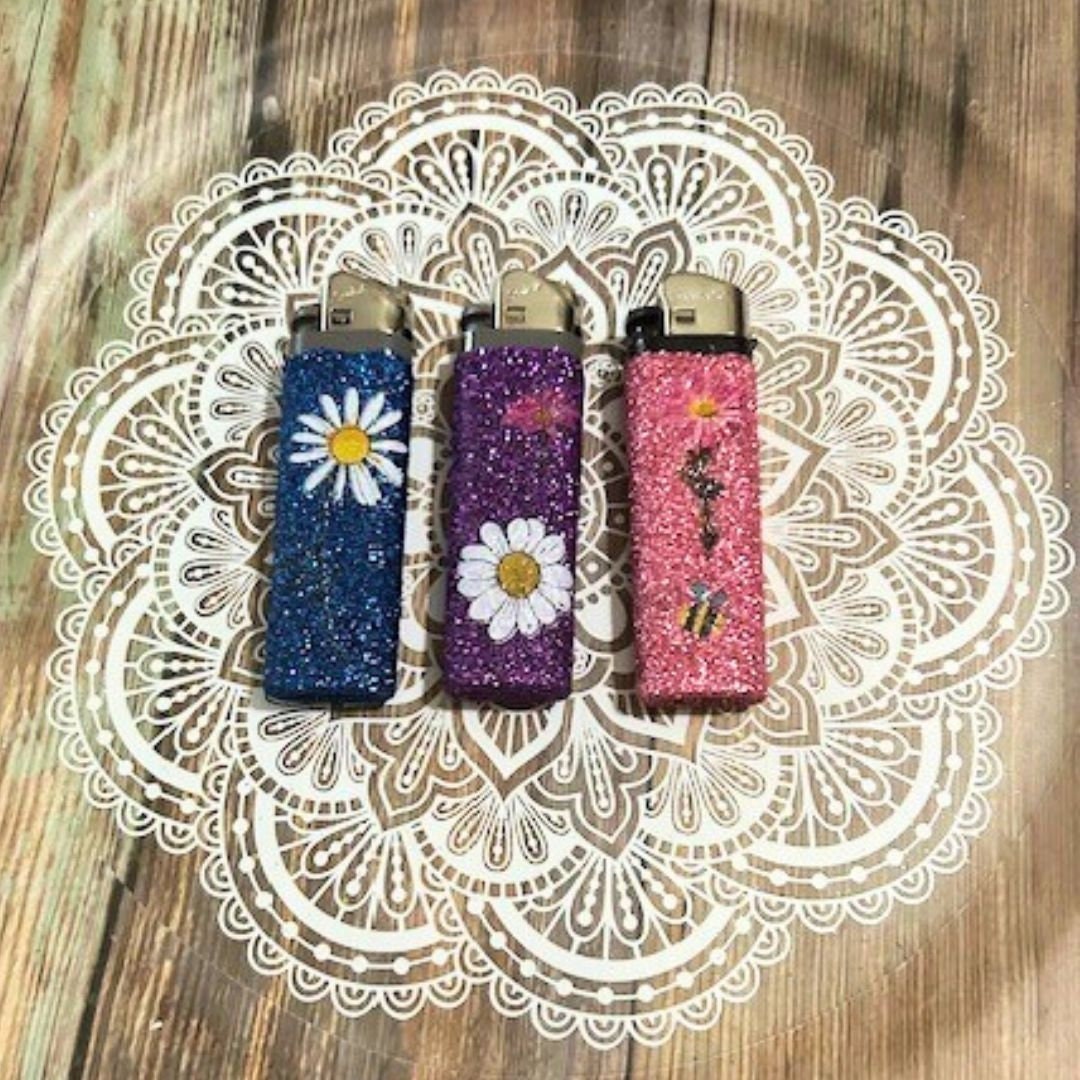 Glitter Flower Lighters Set of 3, Decorated Disposable Lighters With ...