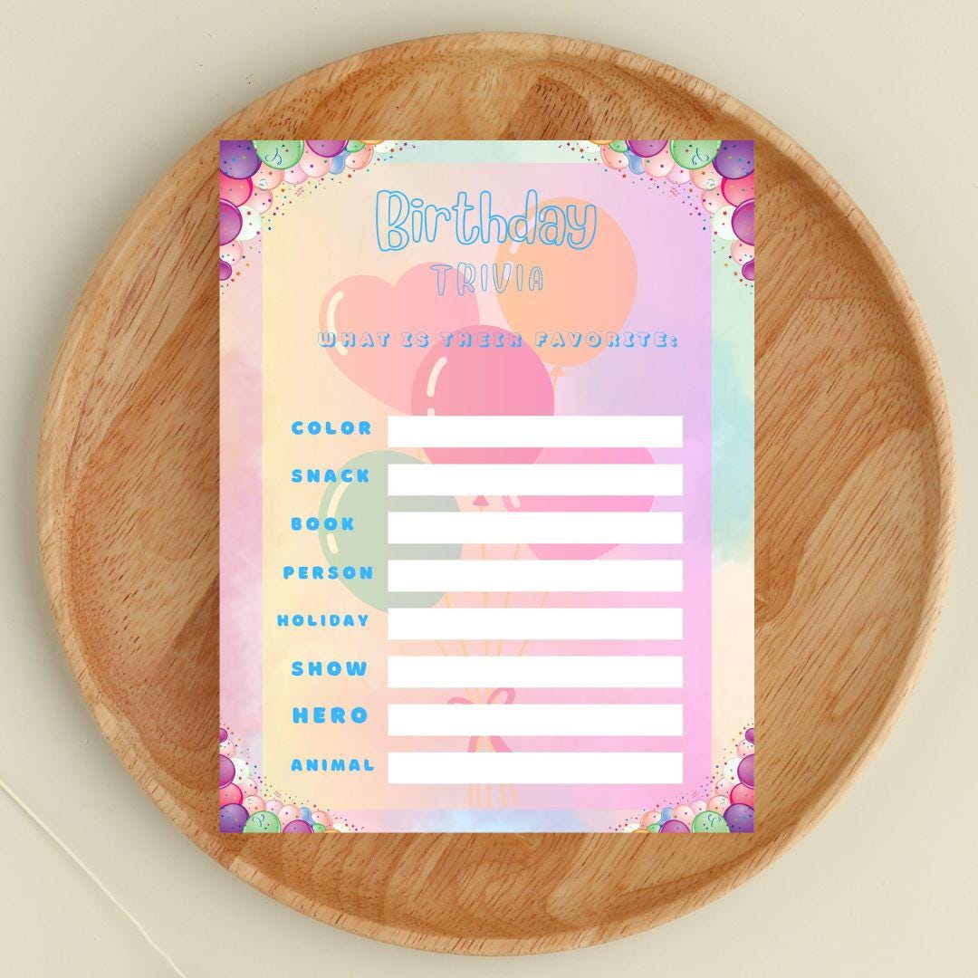 Kid's Birthday Trivia Printable, Children's Party Balloon Printable ...