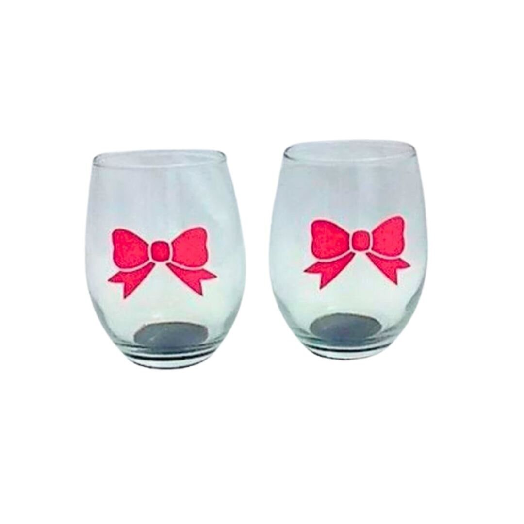 Pink Bow Glass Set, Cute Stemless Wine Glass, Fun Kitchen Accessory ...