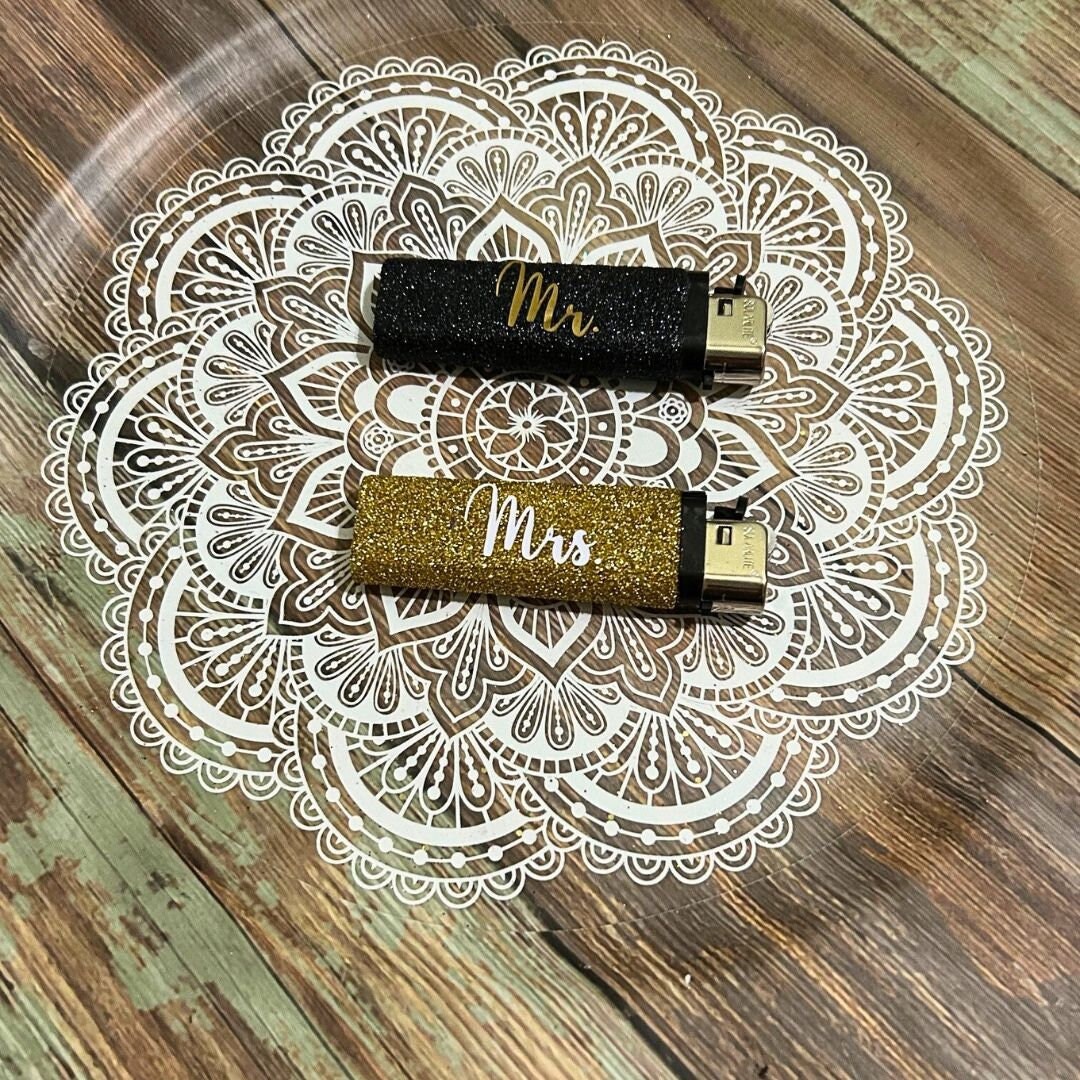 Glitter Glam Wedding Lighter Set, Mr and Mrs Decorated Party Favor ...