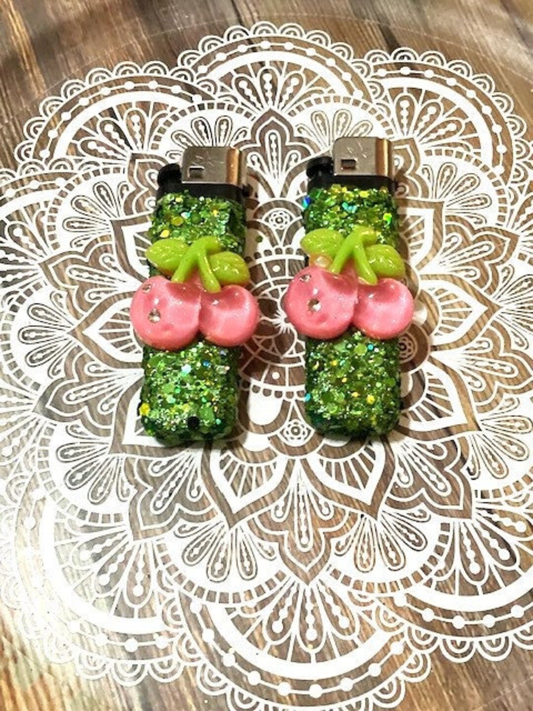 Cherry Glitter Lighters, Decorated Green Disco Glitter Disposable ...