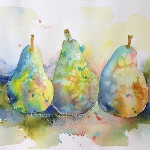 RAINBOW PEARS Original Watercolor Painting 7.5 X 11 OOAK, Kitchen Decor ...