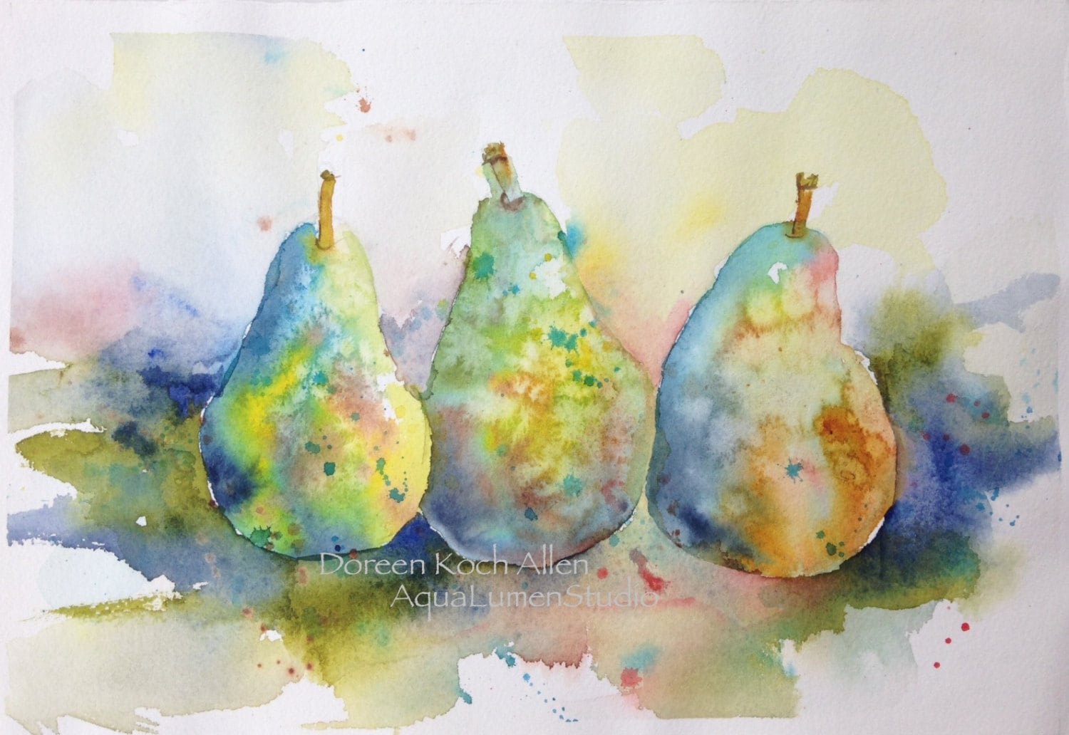 RAINBOW PEARS Original Watercolor Painting 7.5 X 11 OOAK, Kitchen Decor ...