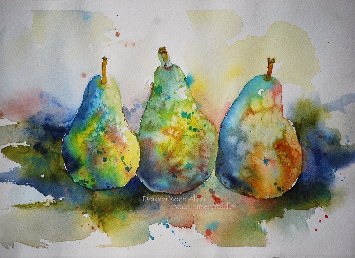 RAINBOW PEARS Original Watercolor Painting 7.5 X 11 OOAK, Kitchen Decor ...