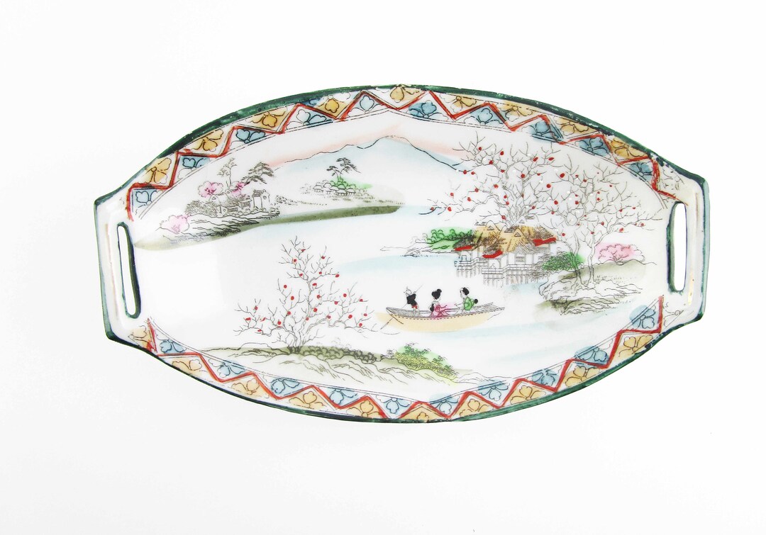 Hand-painted Porcelain Boat-shape Bowl - Scooped Ends With Open Handles ...