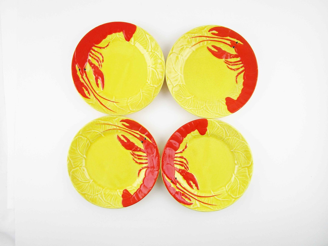 Four 'maruhon Ware' Japan Hand-painted Lobster Plates - Yellow Lettuce ...