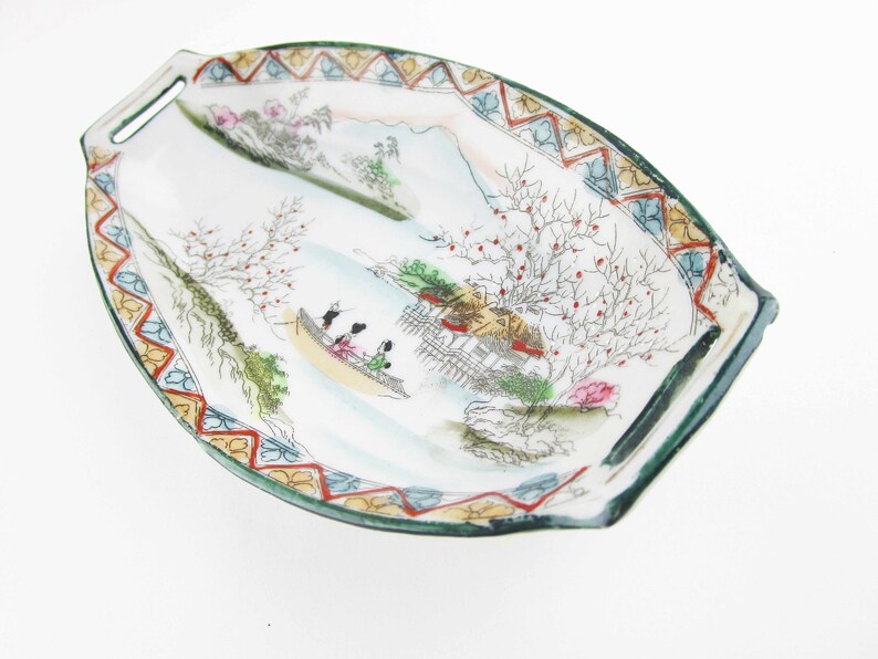 Hand-painted Porcelain Boat-shape Bowl Scooped Ends With | Etsy