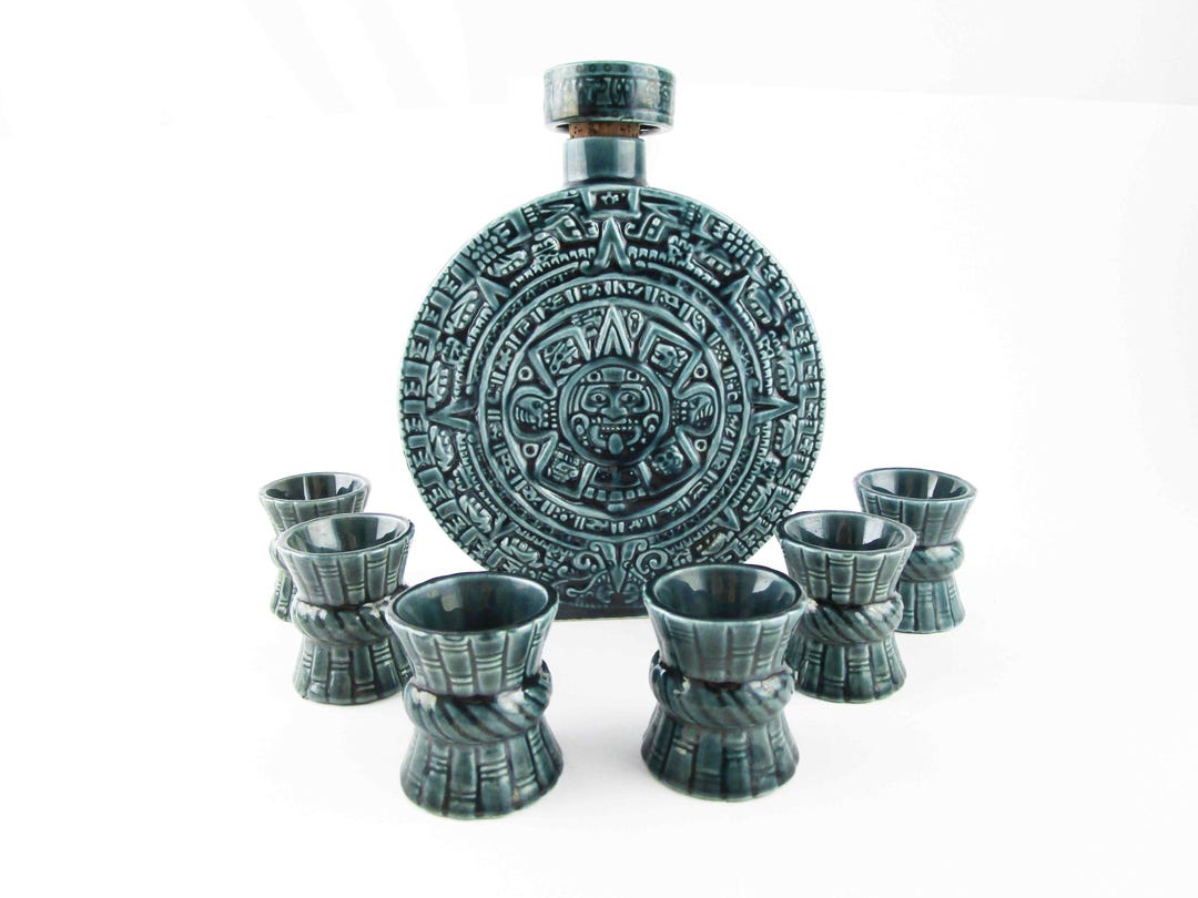 Aztec Flask & Shot Set: Teal Blue Glaze, Ceramic Barware - Etsy