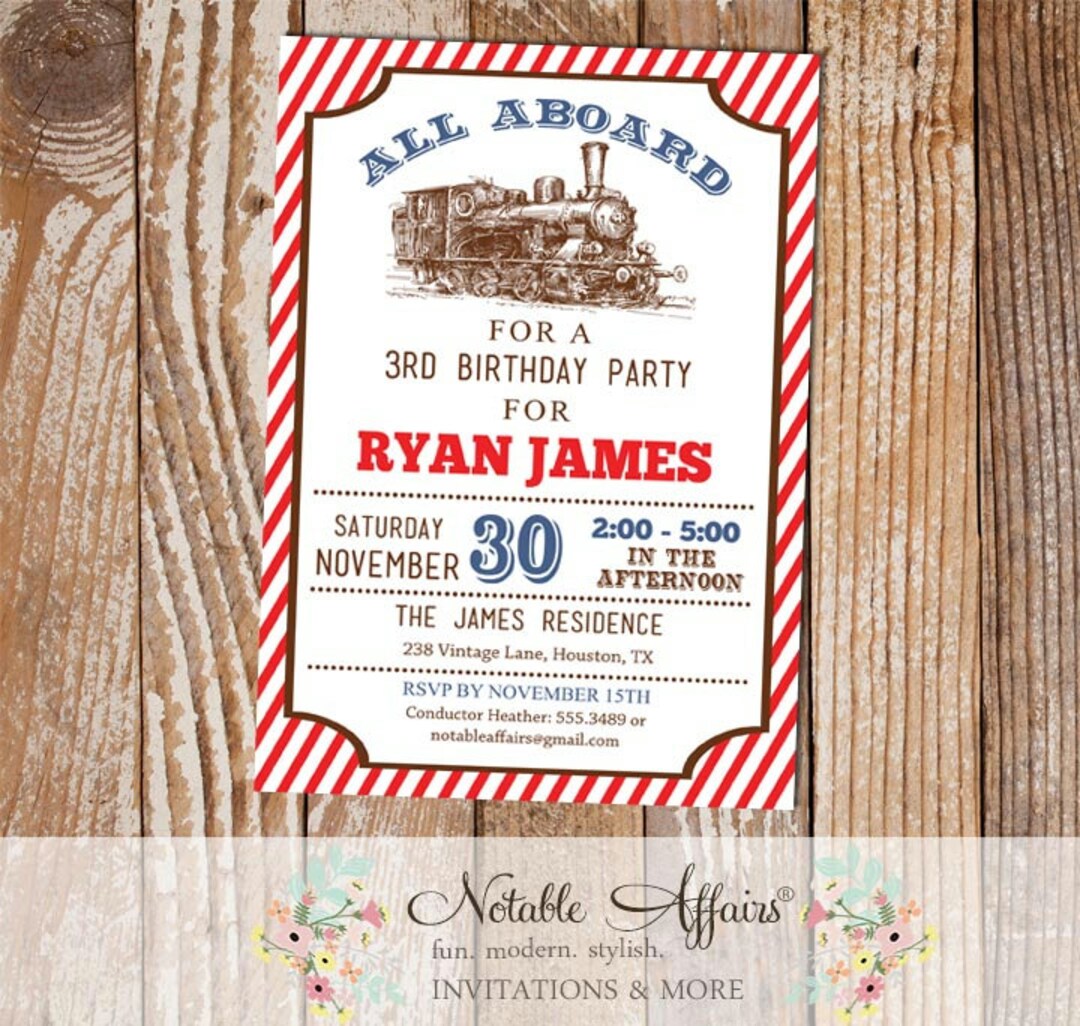 Vintage Navy and Red Stripes All Aboard Train Birthday Party Invitation ...