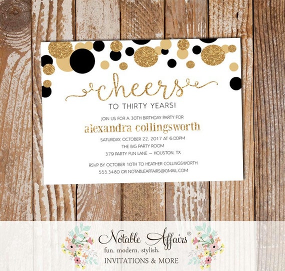 Black Gold Cheers Confetti Dot Milestone Birthday Invitation - Etsy