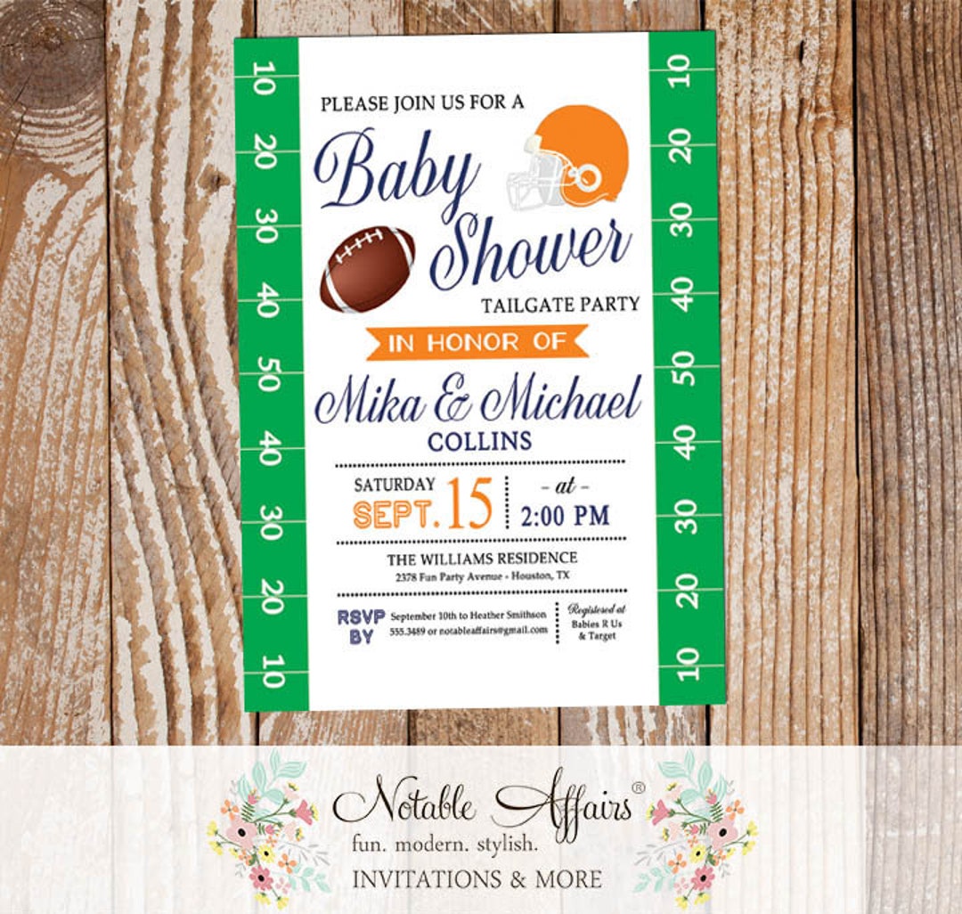 Blue and Orange Football Field Tailgate Baby Shower Invitation - Choose ...