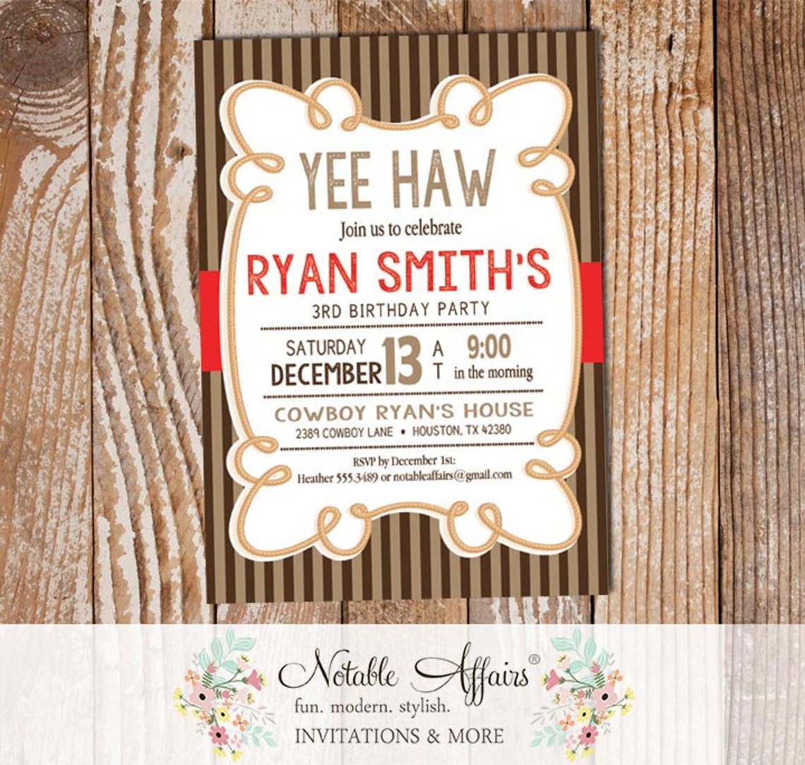 Yee Haw Cowboy Rope Birthday Party Vertical Invitation Brown - Etsy