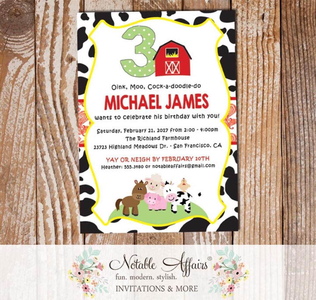 Farm Barnyard Animals Cow Print Paisley Vertical Birthday Party ...
