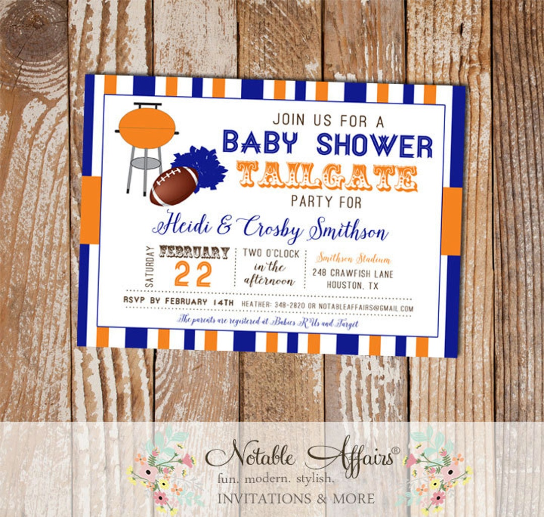 Blue and Orange Football Tailgate Baby Shower Invitation Choose Your 2 ...