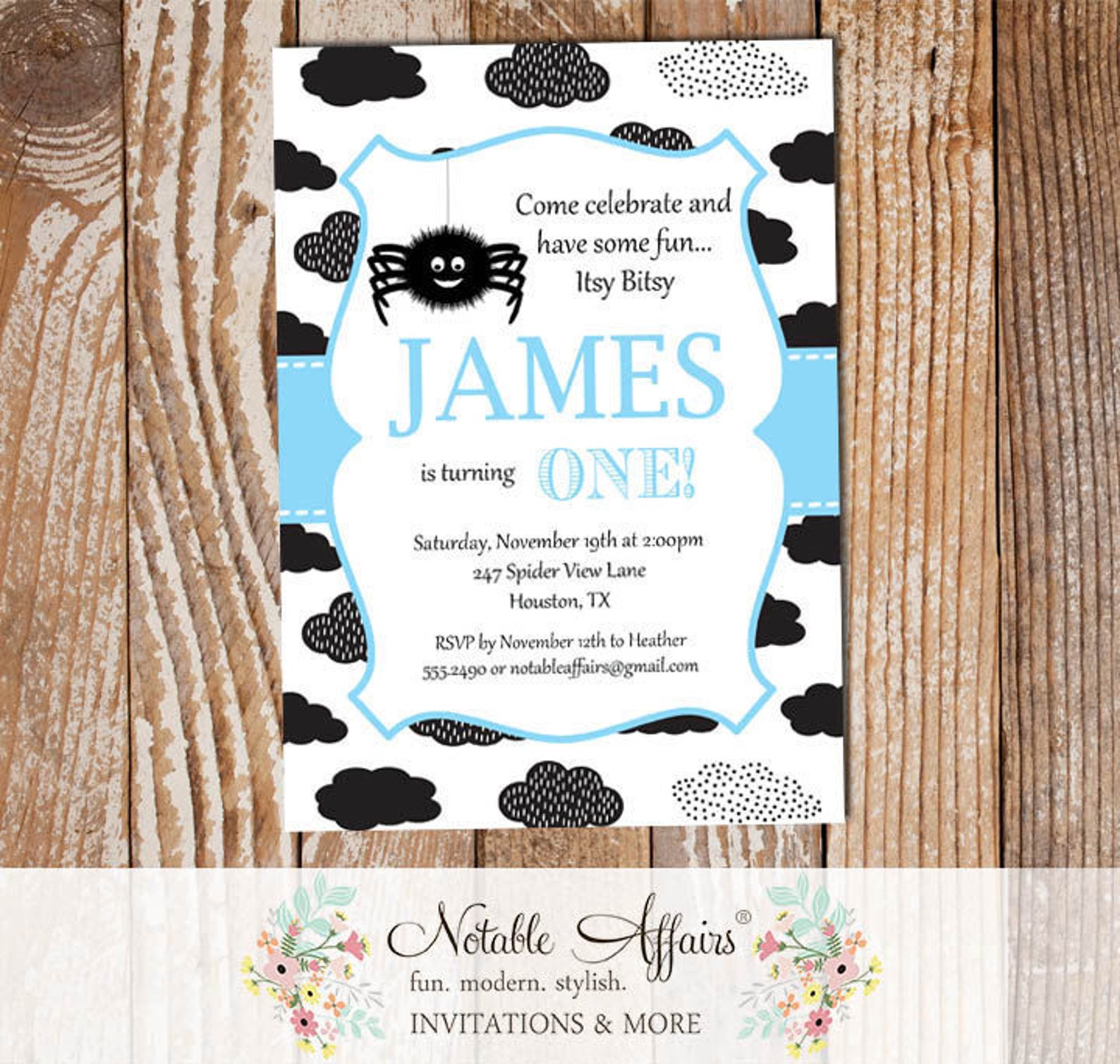 Boy Itsy Bitsy Spider Ice Blue and Black Rain Clouds Vertical - Etsy