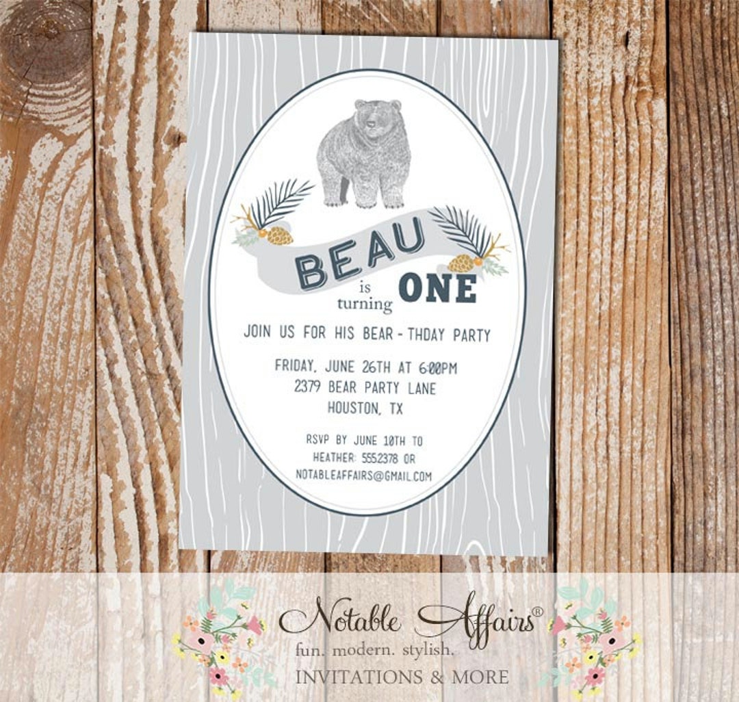 Woodland Rustic Bear Birthday Party Invitation on Fake Wood Background ...