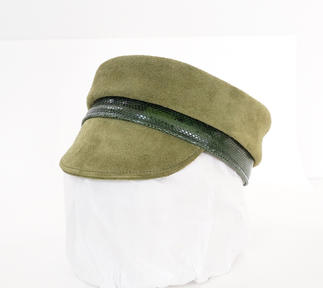 OZEN Custom Made Leather Moto Hat Cap 2 Tone Moss Green Suede ...
