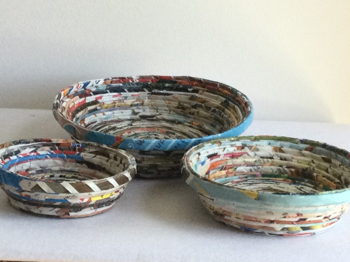 Recycled Magazine Set of Three Nesting Bowls, Upcycled Repurposed Gift ...