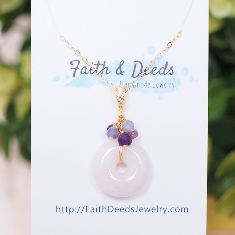 Type A Burmese White Jade Donut Pendant // Purple Gem Cluster // 14K ...