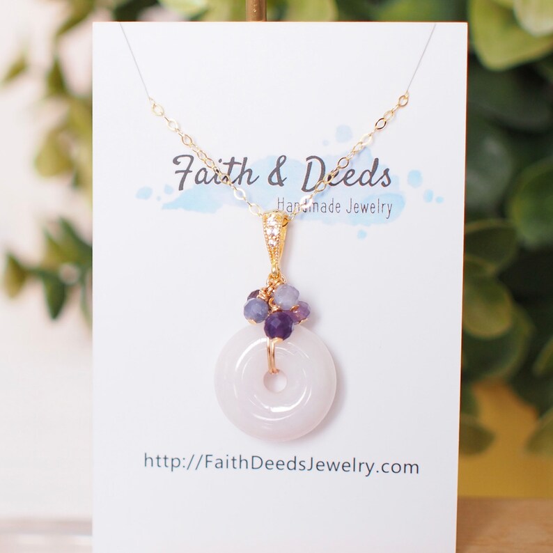 Type A Burmese White Jade Donut Pendant // Purple Gem Cluster // 14K ...