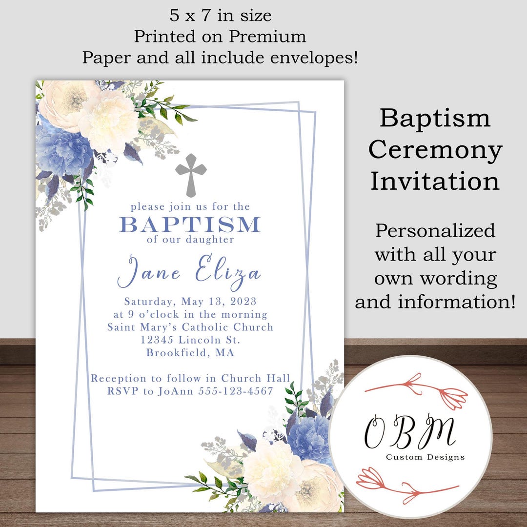 Blue Floral Baptism Ceremony Invitation | Christian Baby Baptism for ...