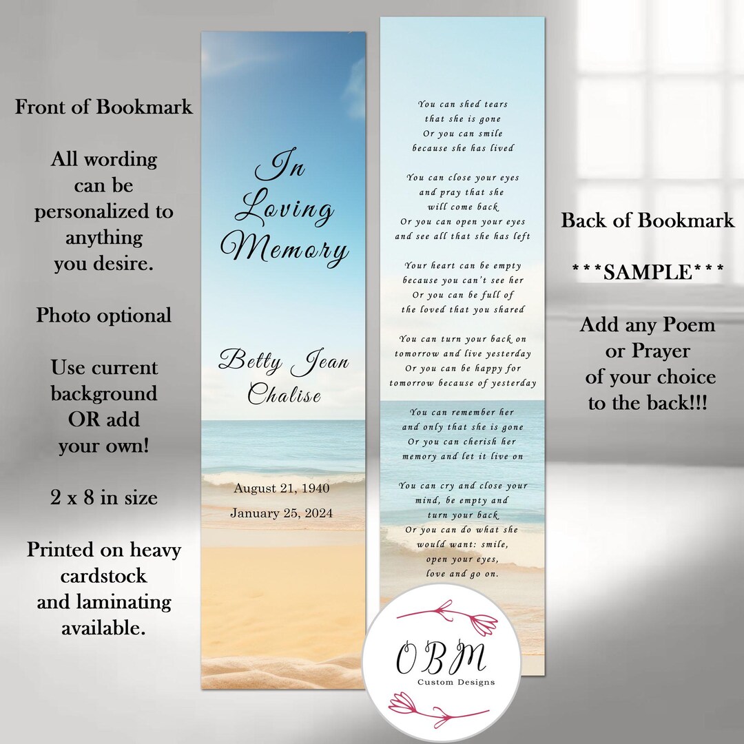 Keepsake Sandy Beach Memorial Funeral Celebration of Life Bookmark ...