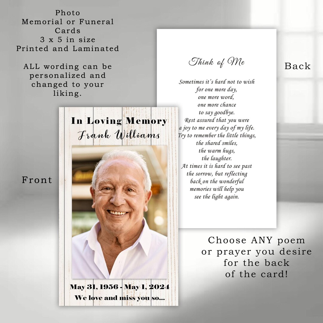 Masculine Photo Memorial Cards: Funeral Keepsake Prayer or Poem ...
