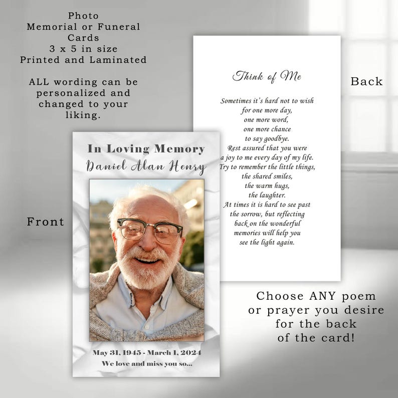 Masculine Photo Memorial Cards: Funeral Keepsake Prayer or Poem ...
