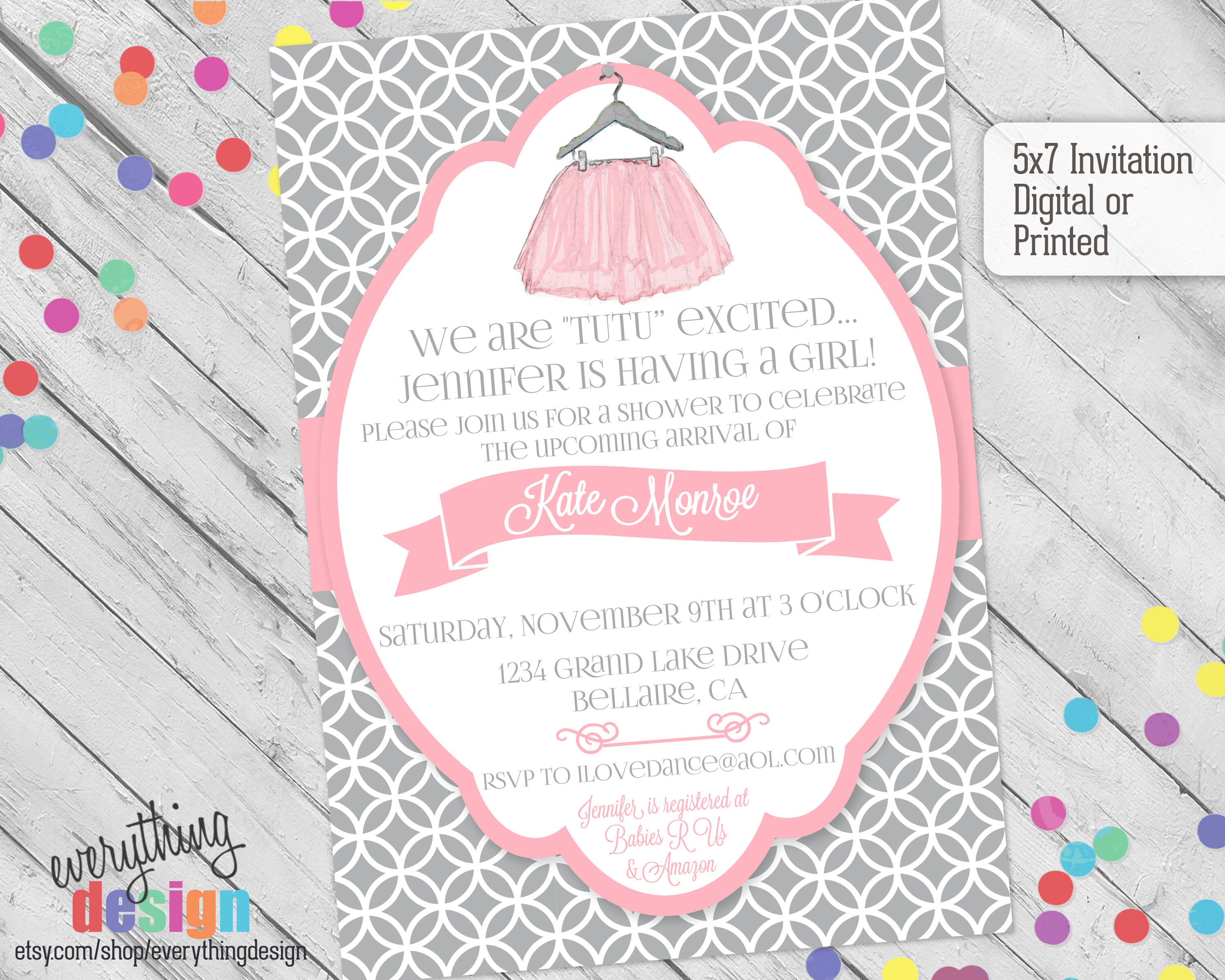 Tutu Cute Invitation Baby Shower Birthday Party Shower Digital or ...