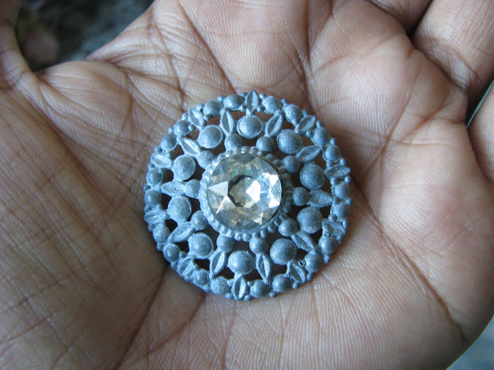 Antique Pewter Openwork Button, Clear Paste Stone, 1930s Coat Fastener ...