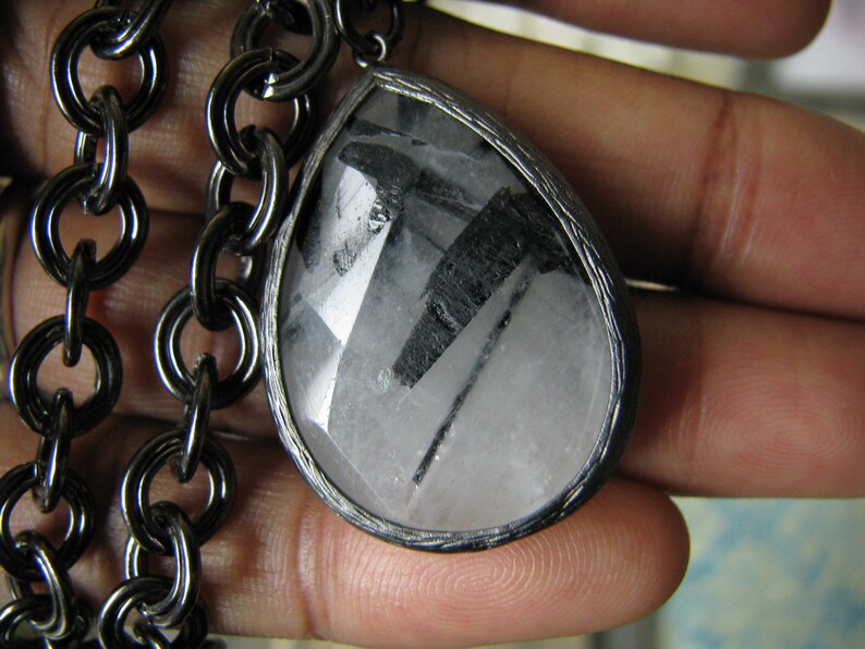 Striated Crystal Quartz Gun Metal Necklace Gun Metal Crystal | Etsy