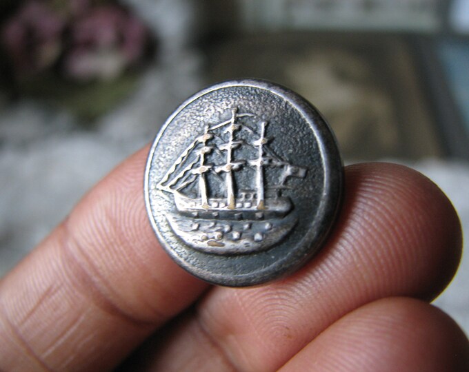 Antique Picture Button, Ship Picture Button, Antique Silver Plated ...