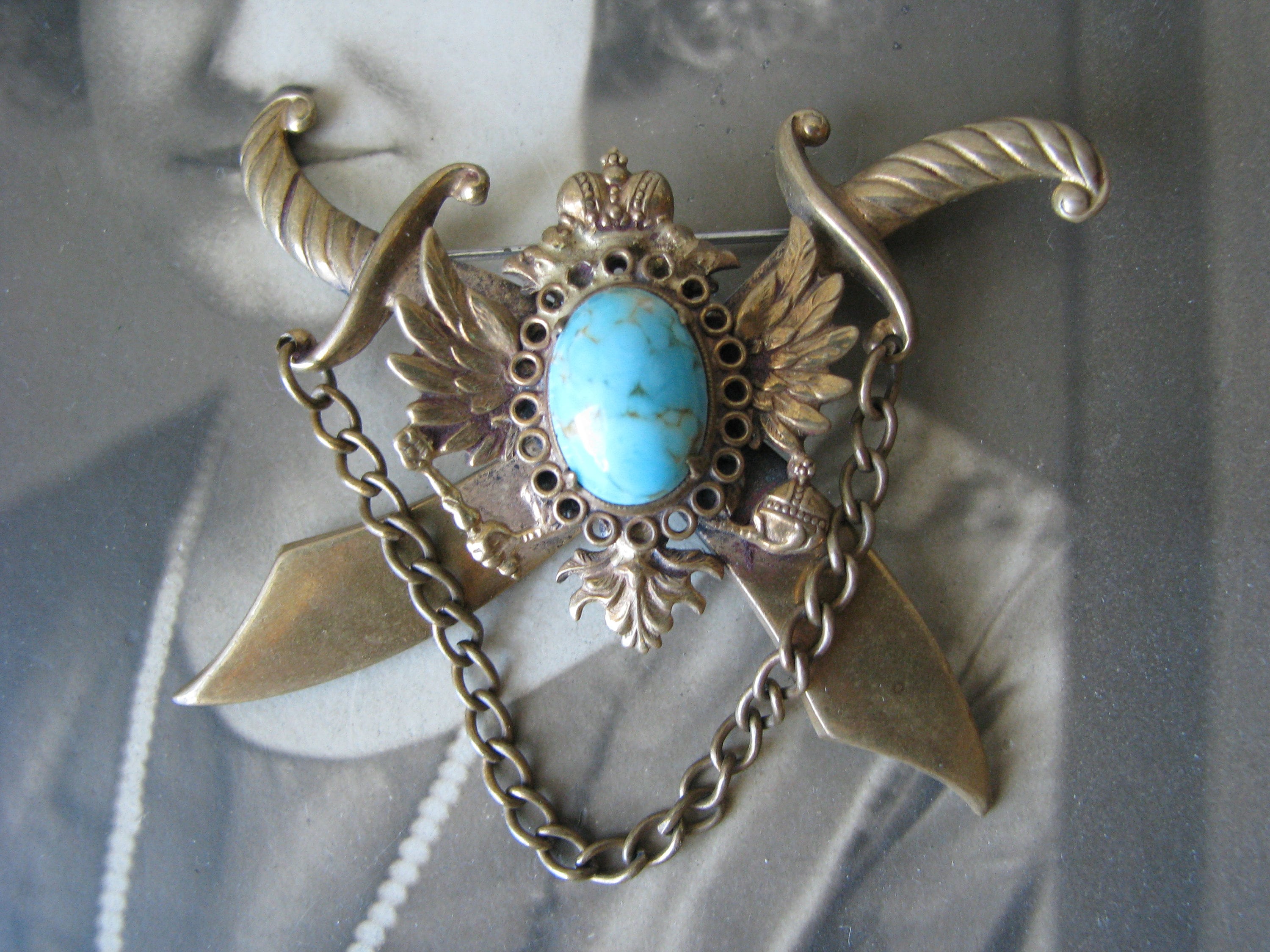 Vintage Style Metal Crossed Swords Brooch, Faux Turquoise Cabochon - Etsy