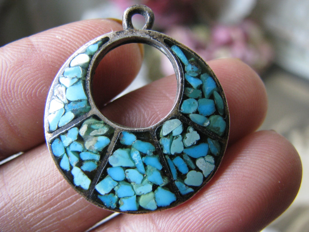 Vintage Turquoise Pendant, Crushed Turquoise Pendant, Sterling Silver ...