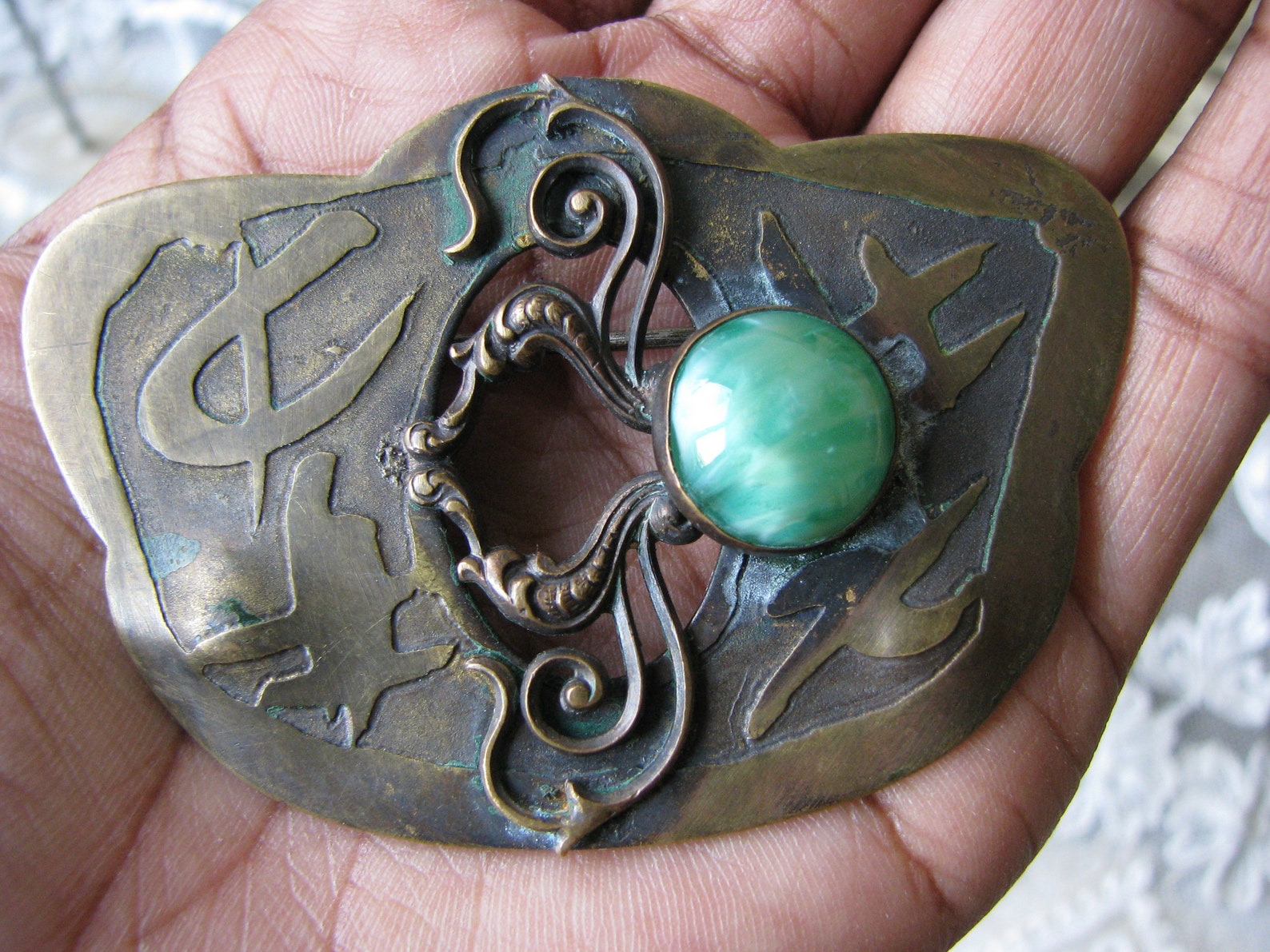 Antique Max Neiger Brooch, Chinese Bronze Brooch, Czech Glass Brooch ...