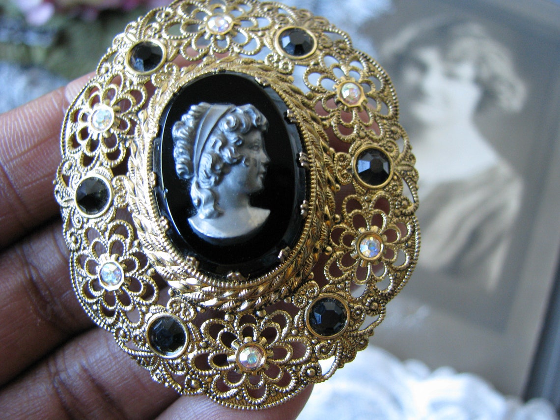 Victorian Black Cameo Vintage Black Cameo Filigree Cameo - Etsy